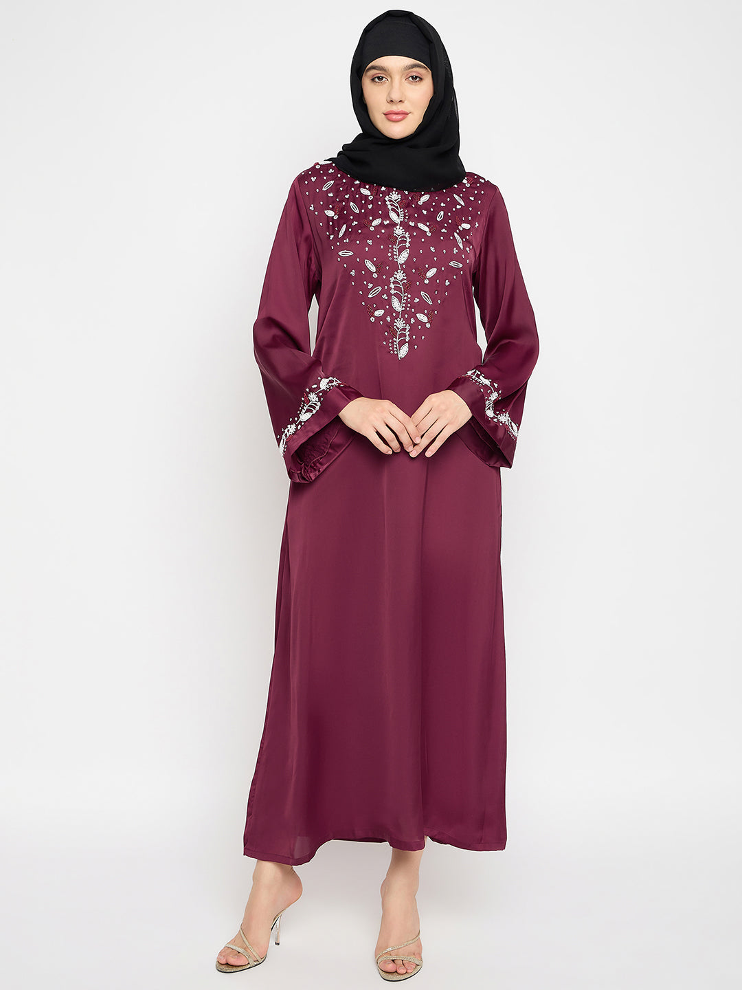 Hand Work Detailing Maroon Solid Luxury Abaya Burqa with Black Hijab ...