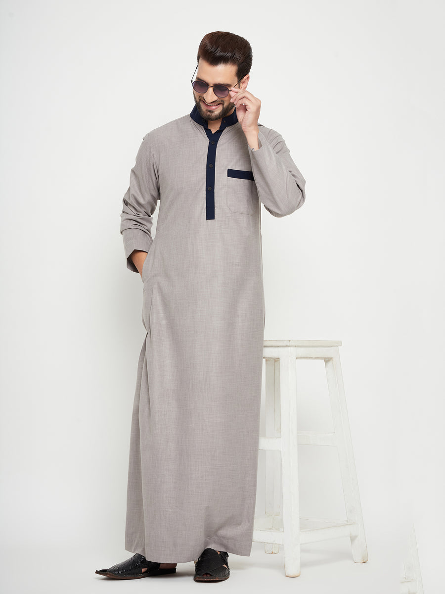 Grey Arab Thobe / Jubba for Men with Piping Design – Thenabia